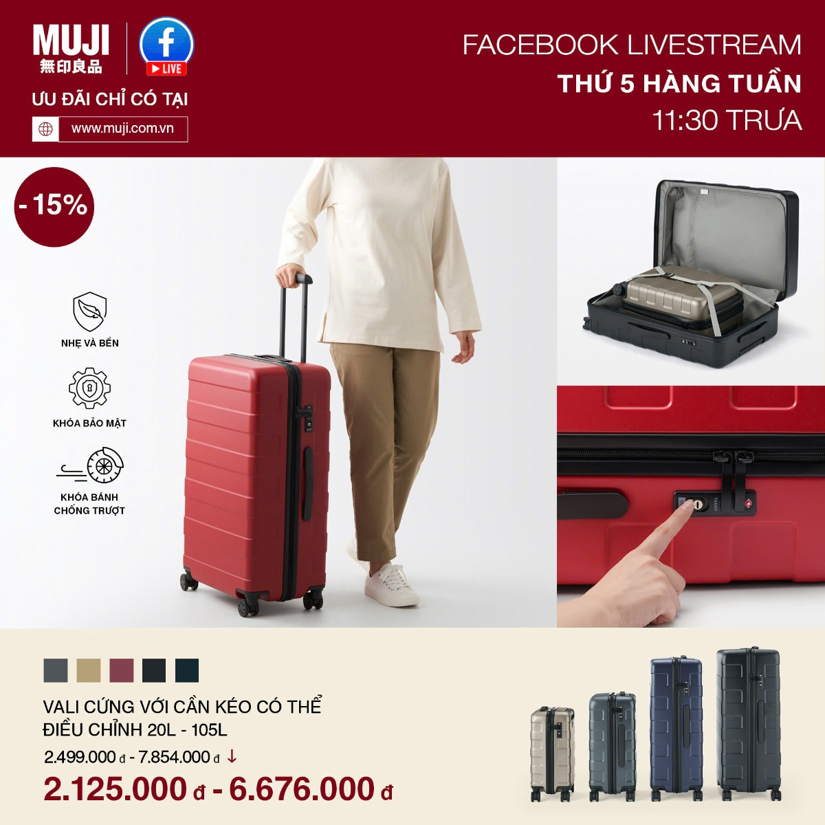 Free Adjustable Handle Hard Carry-On Suitcase (105L)