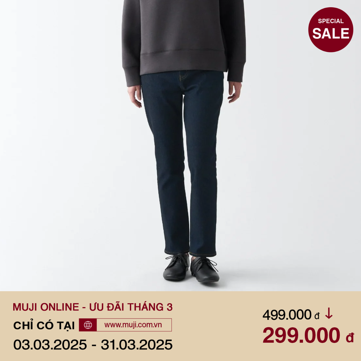 Quần Denim Slim Co Giãn Độ Dài Ống 70cm MUJI