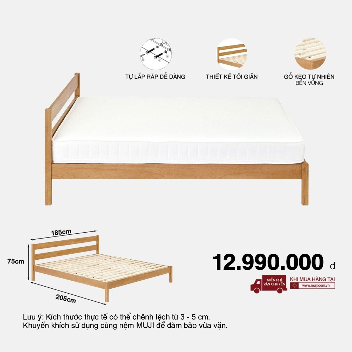 MUJI [A] Giường Gỗ Cao Su Size K